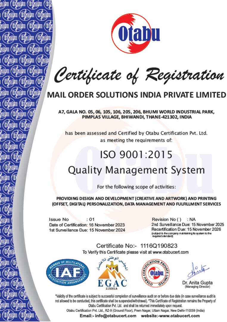 Certification, Awards & Recognition - Mail Order Solutions India Pvt. Ltd.